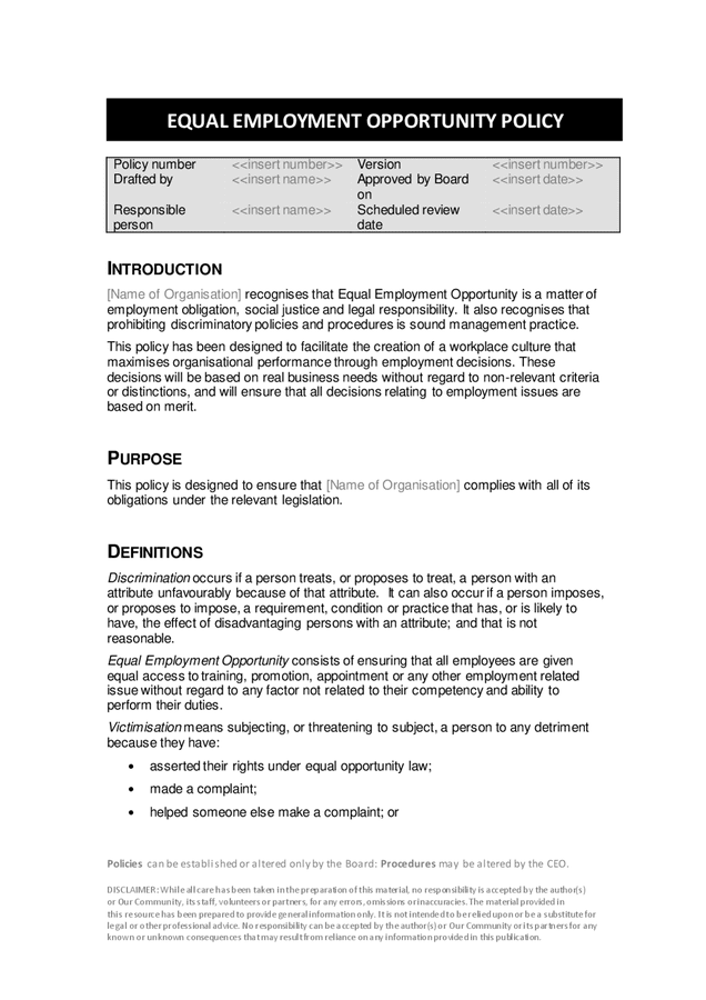 Equal employment opportunity policy in Word and Pdf formats
