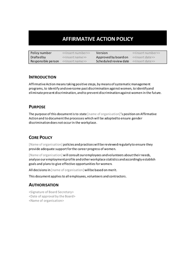 Affirmative action policy in Word and Pdf formats