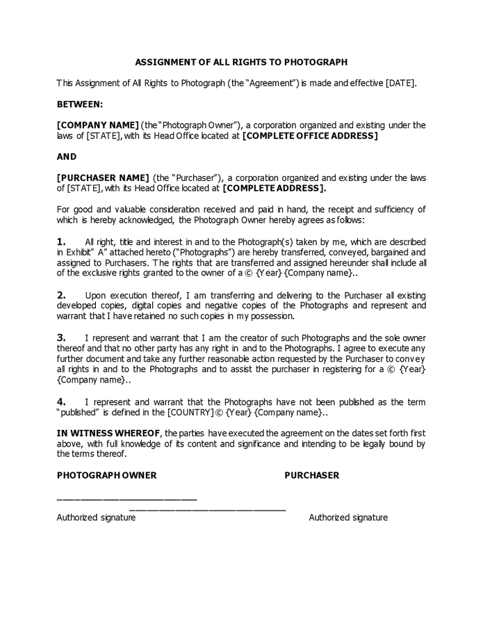 Assignment of all rights to photograph in Word and Pdf formats