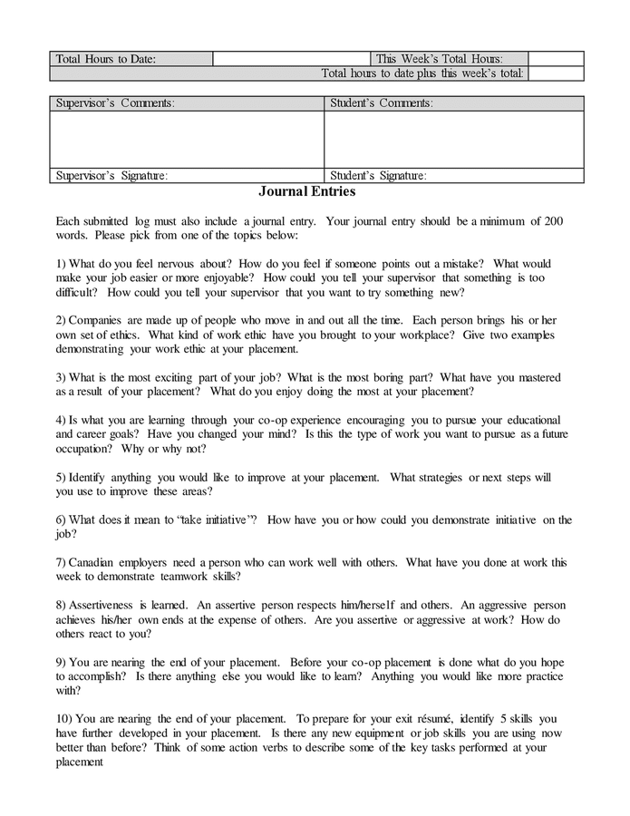Student weekly log sheet in Word and Pdf formats - page 2 of 3