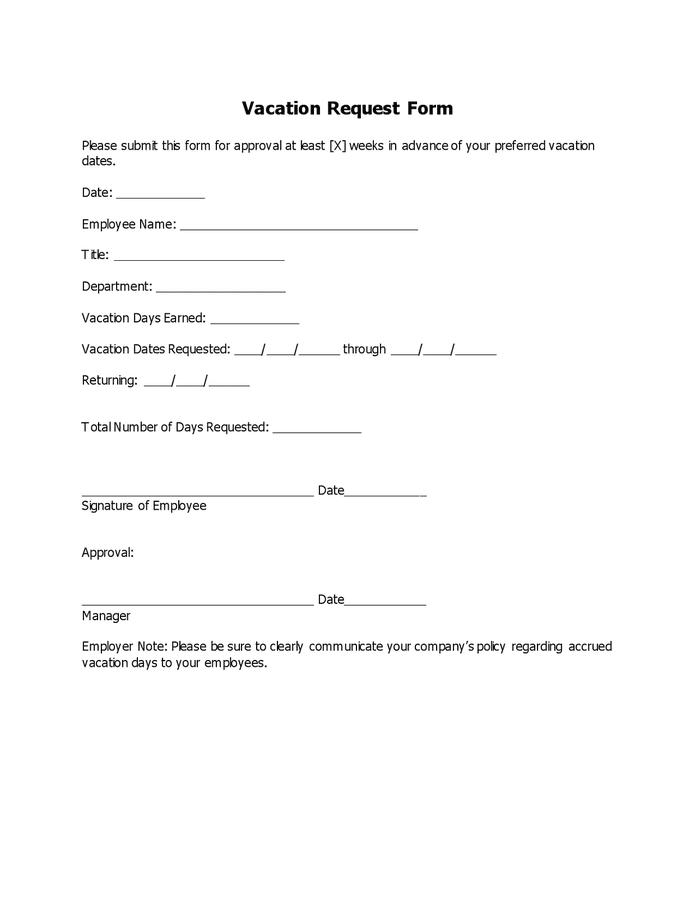 Vacation request form in Word and Pdf formats