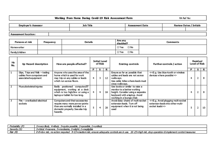 Working from home during Covid-19 risk assessment form in Word and Pdf ...