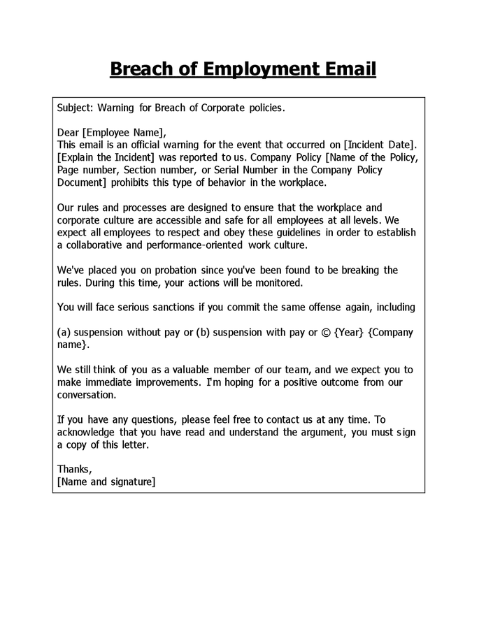 Breach of employment email letter in Word and Pdf formats Breach of employment email letter in Word and Pdf formats