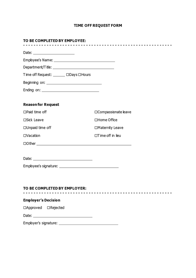 Time off request form in Word and Pdf formats