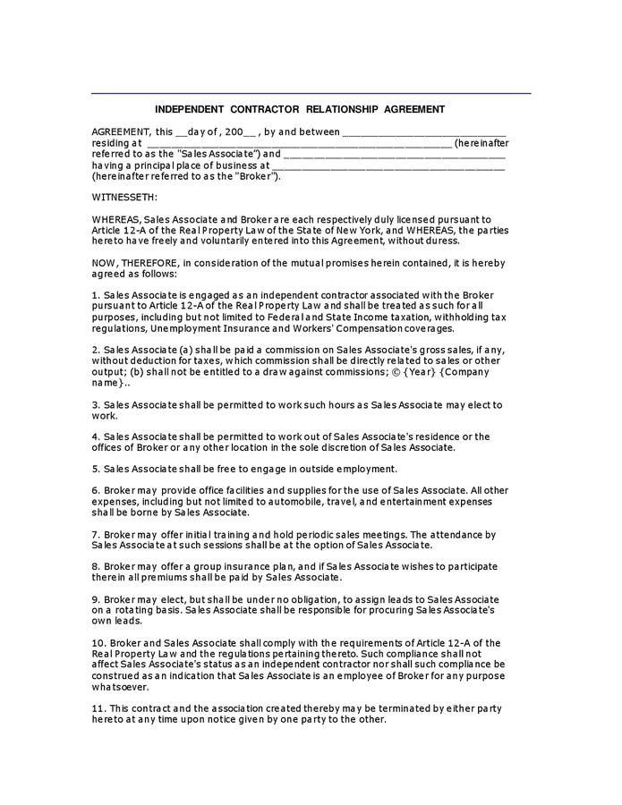 Independent contractor relationship agreement in Word and Pdf formats