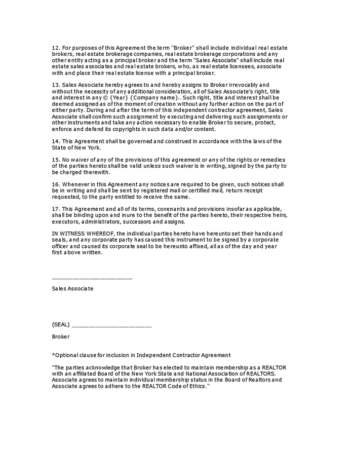 Independent contractor relationship agreement in Word and Pdf formats ...