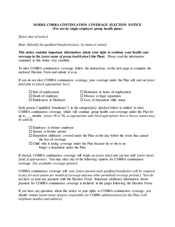 Model COBRA continuation coverage election notice in Word and Pdf formats