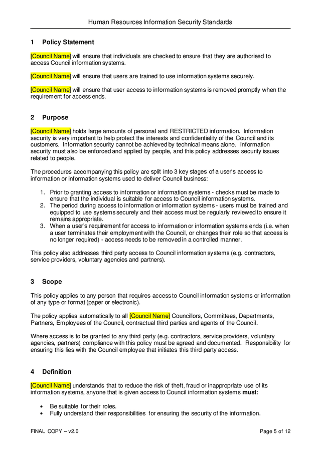 Human resources information security policy in Word and Pdf formats ...