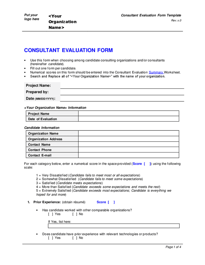 Consultant evaluation form in Word and Pdf formats
