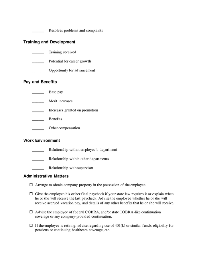 Exit interview checklist - voluntary termination in Word and Pdf ...