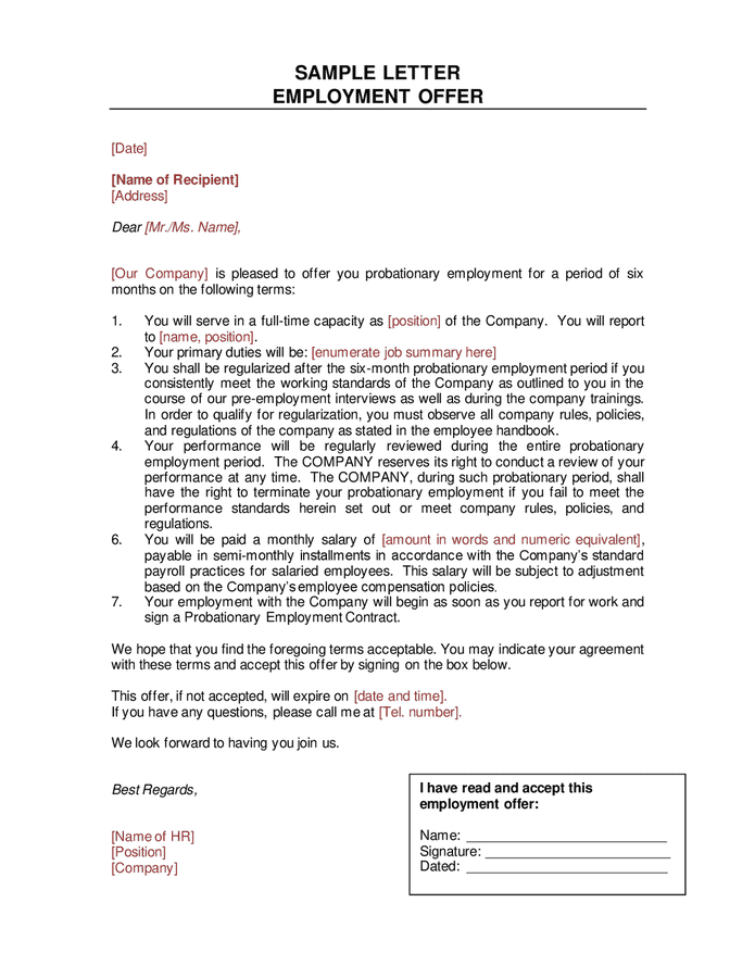 Job offer letter in Word and Pdf formats