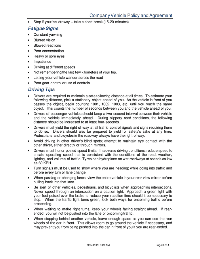 Company vehicle policy and agreement in Word and Pdf formats - page 3 of 4