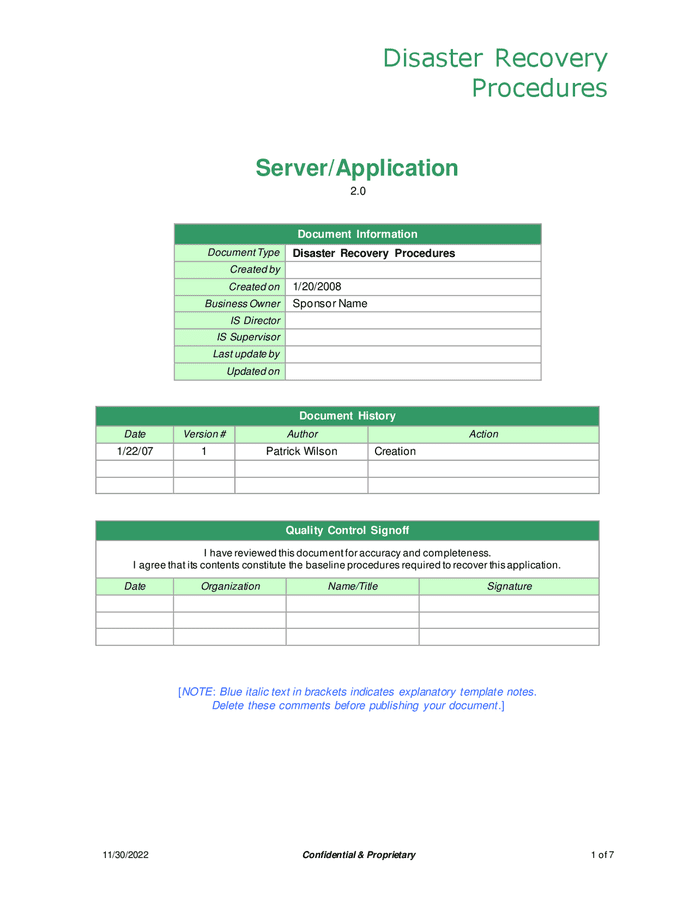 Disaster recovery procedures in Word and Pdf formats