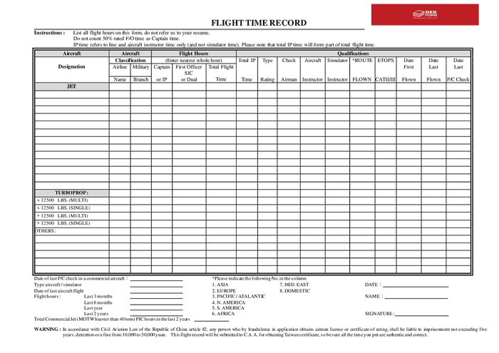 Pilot flight time record form in Word and Pdf formats