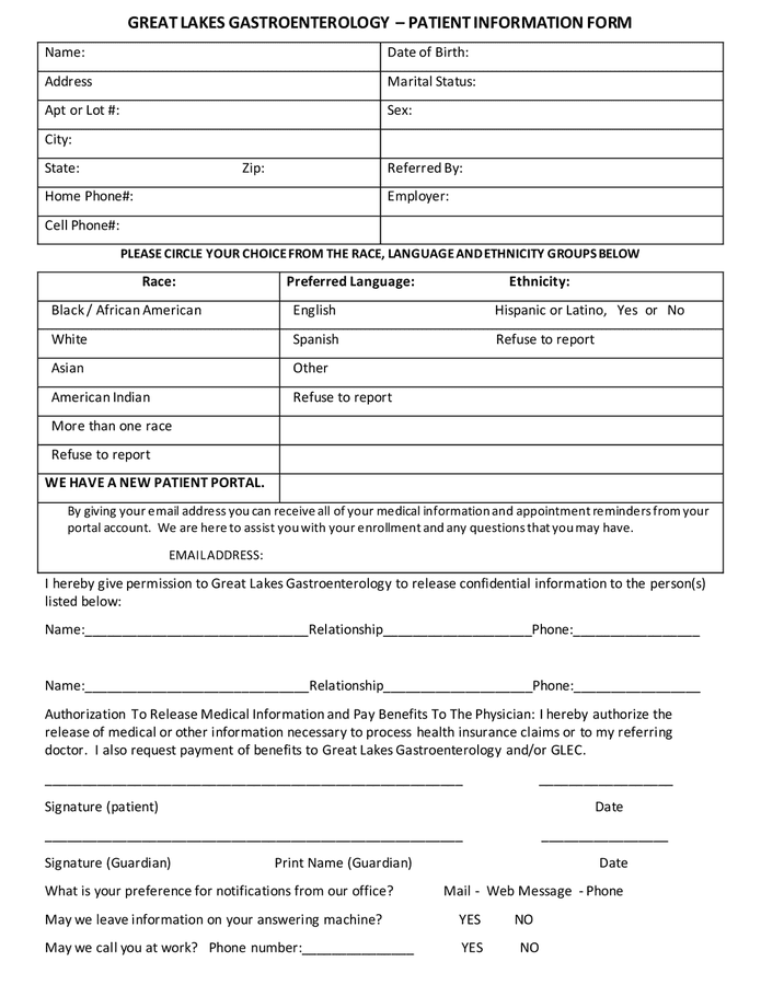 Patient intake form - gastroenterology in Word and Pdf formats