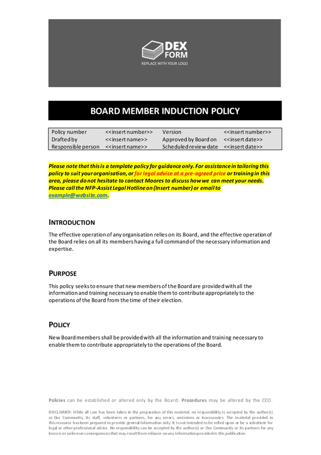 Board member induction policy in Word and Pdf formats