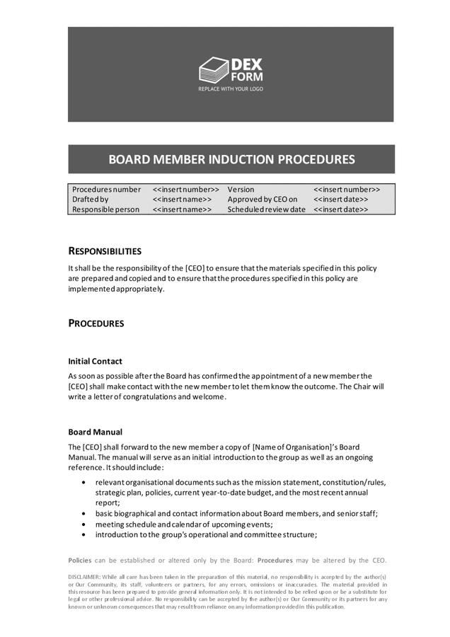 Board member induction policy in Word and Pdf formats - page 3 of 5