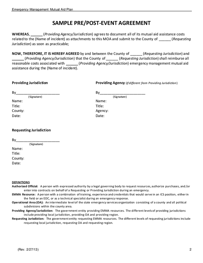 EMMA sample pre-post event agreement in Word and Pdf formats - page 2 of 2