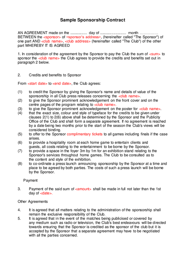 Sample sponsorship contract in Word and Pdf formats