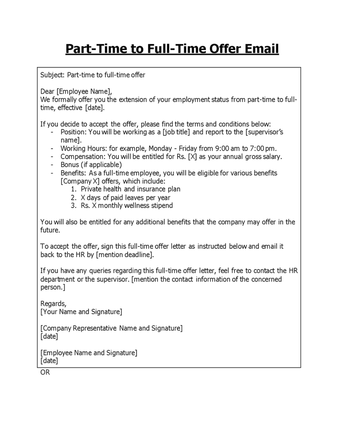 Part-time to full-time offer email in Word and Pdf formats