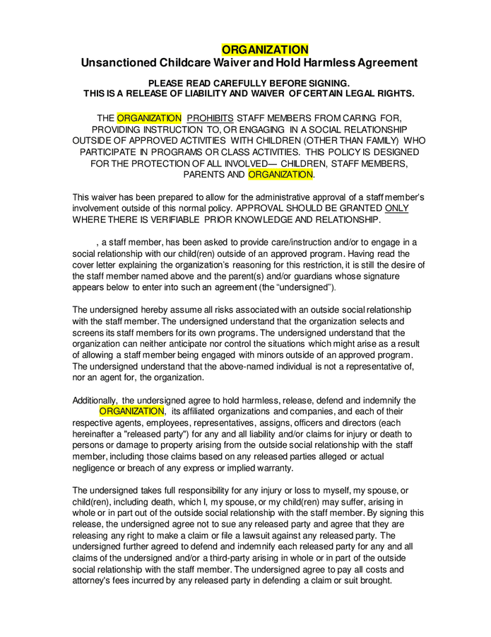 Unsanctioned childcare waiver and hold harmless agreement in Word and ...