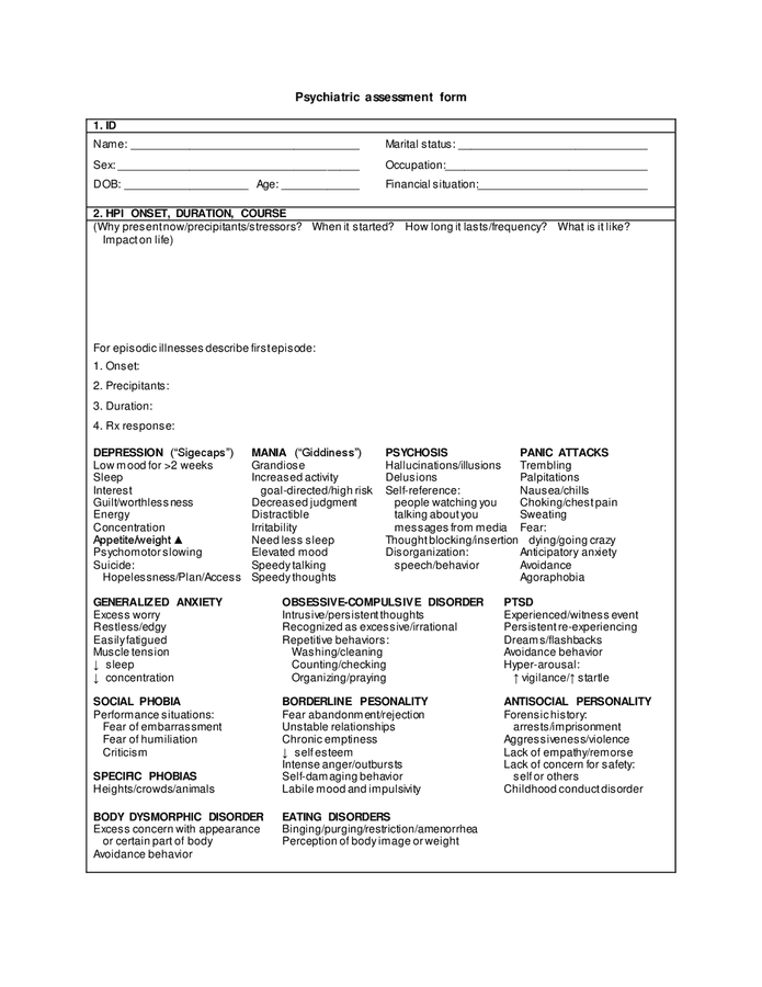 Psychiatric assessment form in Word and Pdf formats