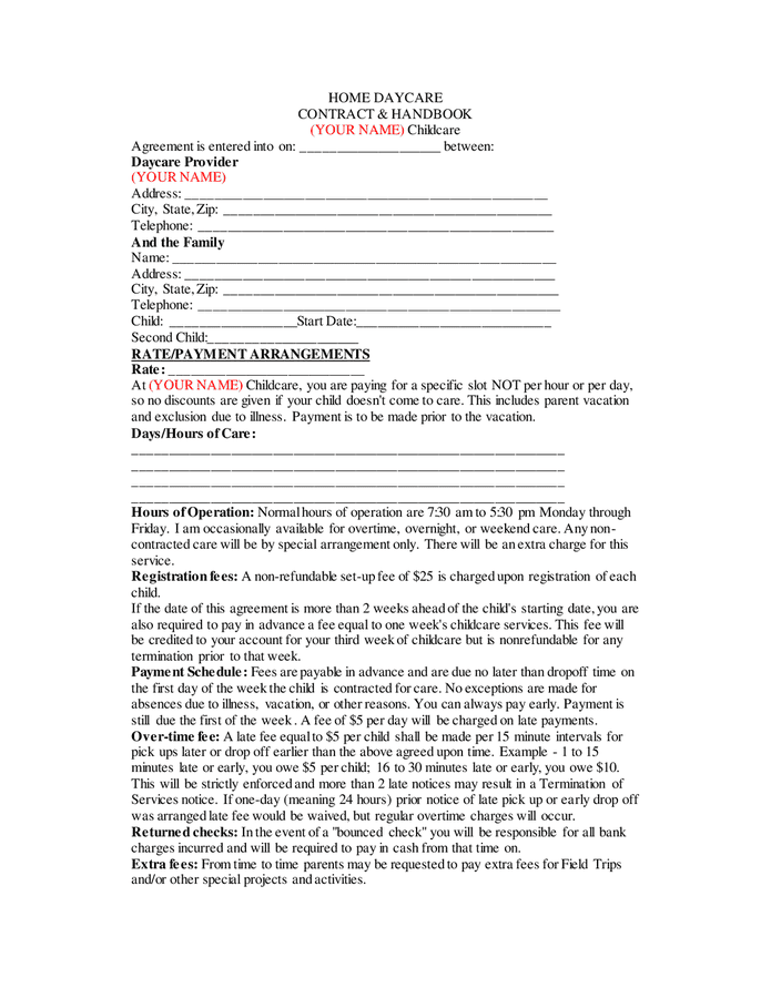 Home daycare contract in Word and Pdf formats