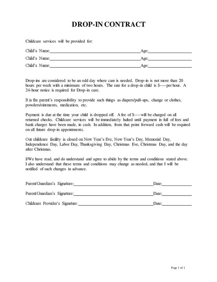 Drop-in contract - childcare services in Word and Pdf formats