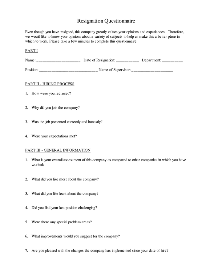 Resignation questionnaire in Word and Pdf formats