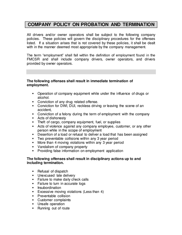 Company policy on probation and termination in Word and Pdf formats