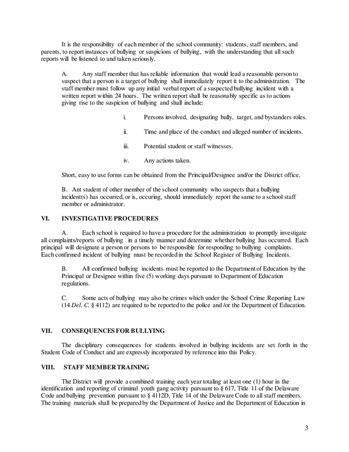 School bully prevention policy sample in Word and Pdf formats - page 3 of 5