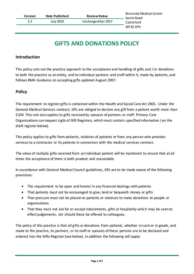 Gifts and Donations Policies - download free documents for PDF, Word ...
