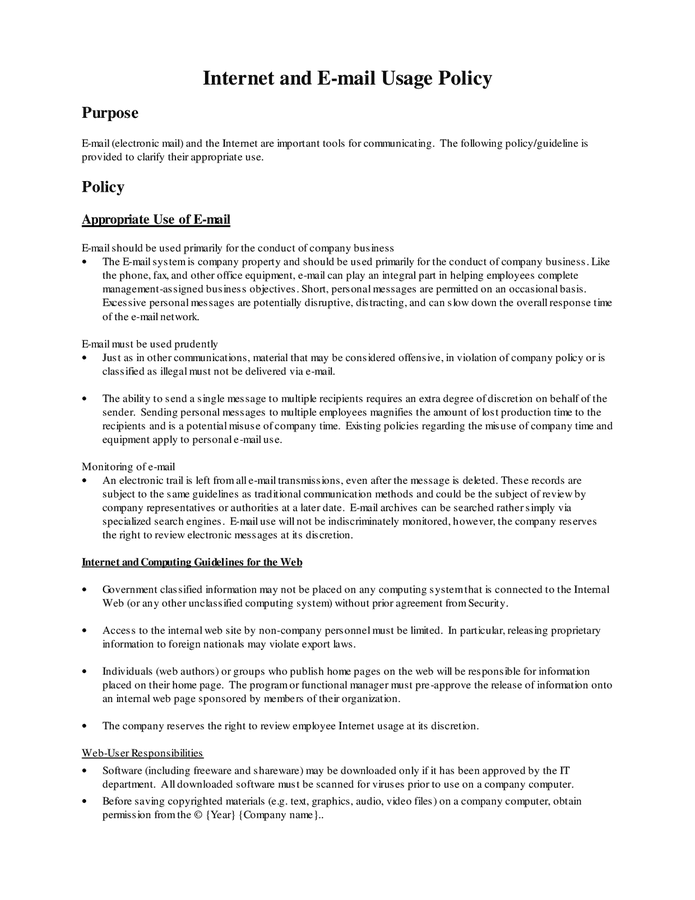 Computer Use Policies - download free documents for PDF, Word and Excel