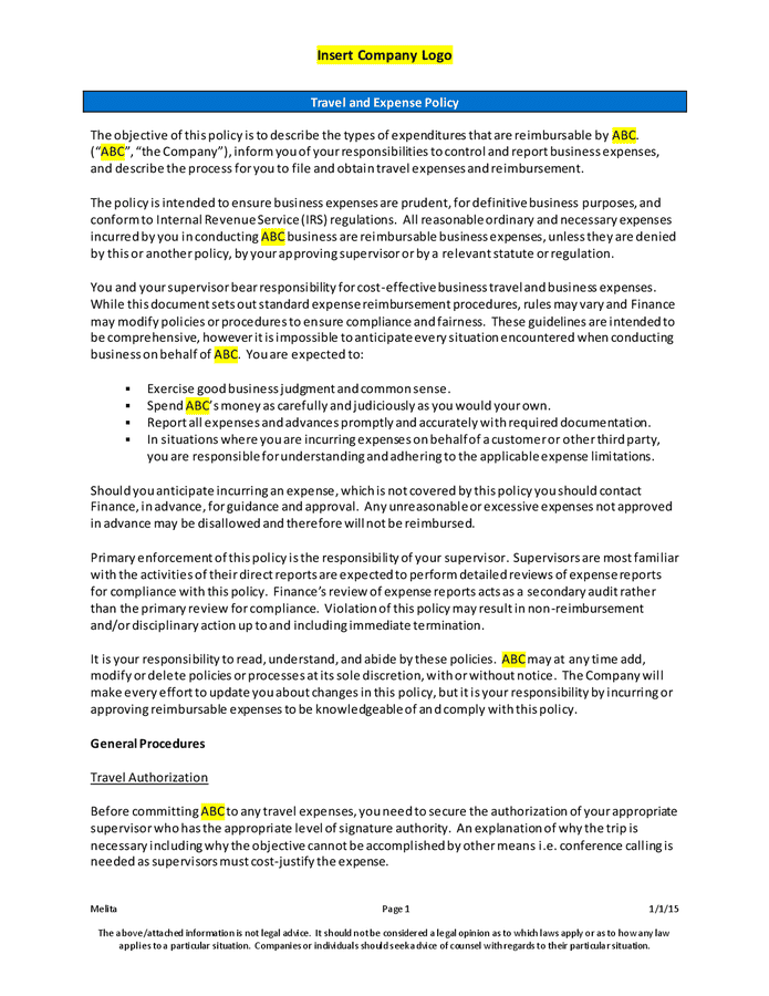 Travel and expense policy in Word and Pdf formats