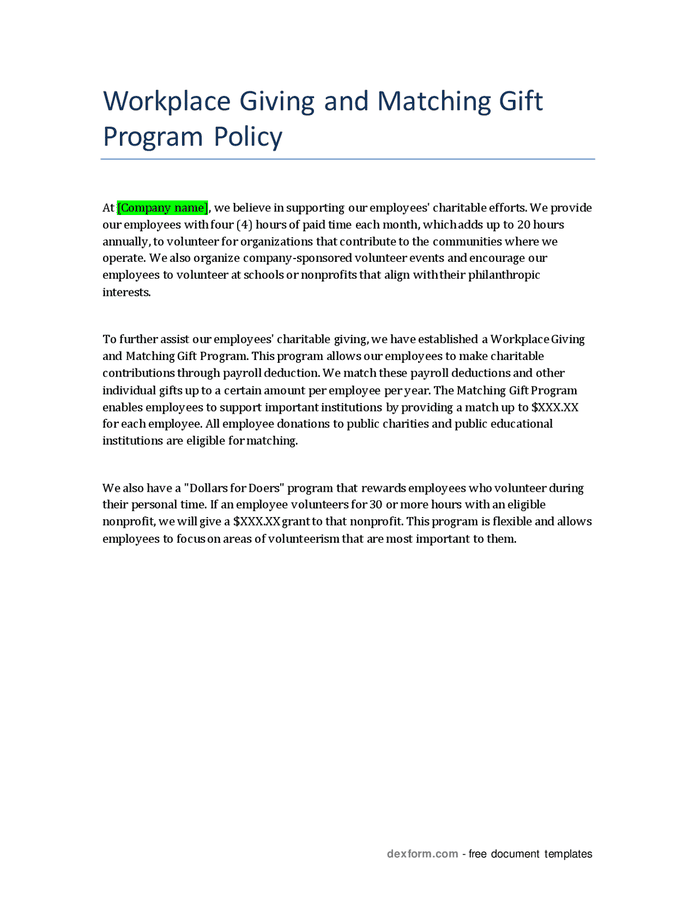 Workplace giving and matching gift program policy in Word and Pdf formats