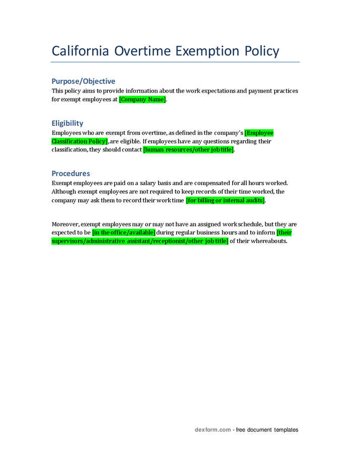 Overtime exemption policy (California) in Word and Pdf formats
