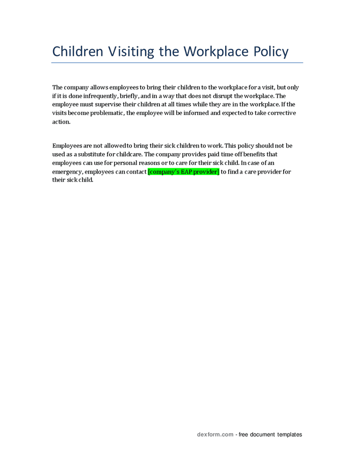 Workplace visiting policy (children) in Word and Pdf formats