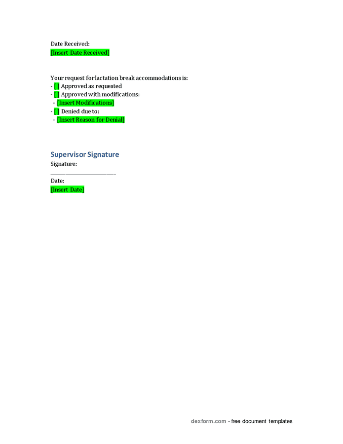 Lactation accommodation request form in Word and Pdf formats - page 2 of 2