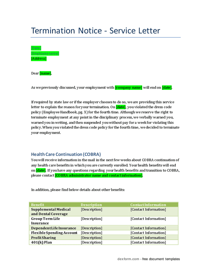 Termination notice - service letter in Word and Pdf formats