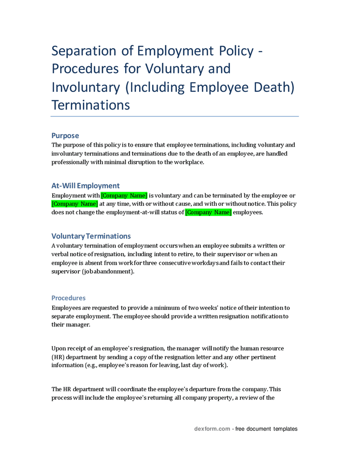 Separation of employment policy - procedures for voluntary ...
