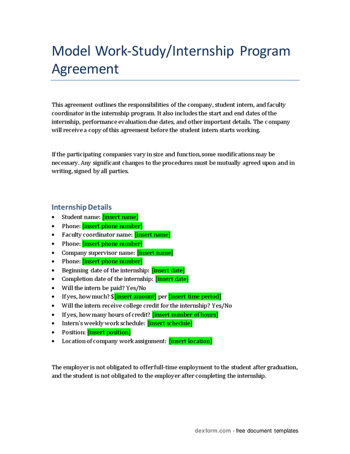 Model work-study / internship program agreement in Word and Pdf formats