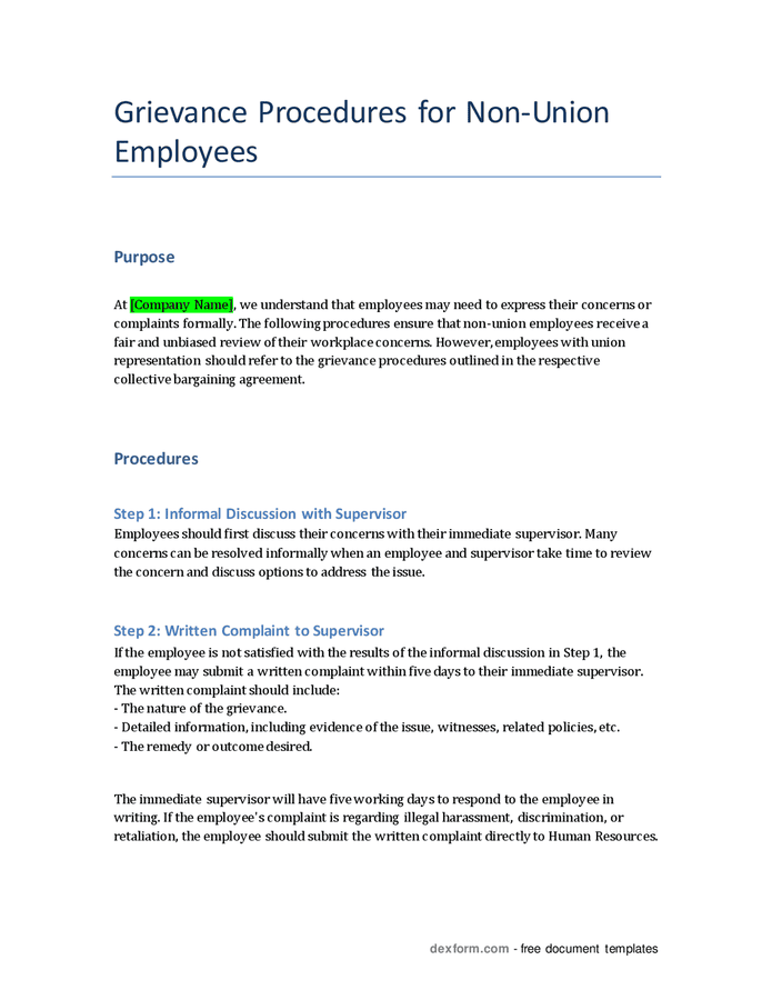 Grievance procedures for non-union employees in Word and Pdf formats