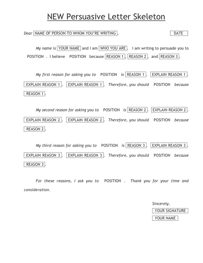Persuasive letter skeleton in Word and Pdf formats