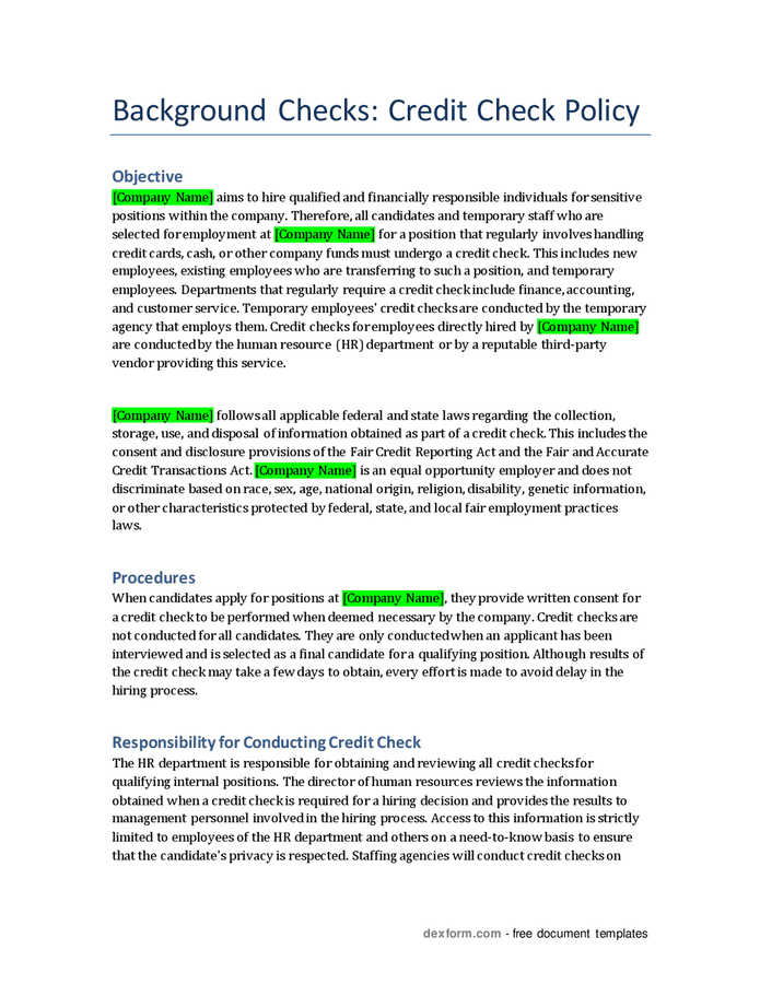 Background checks - credit check policy in Word and Pdf formats