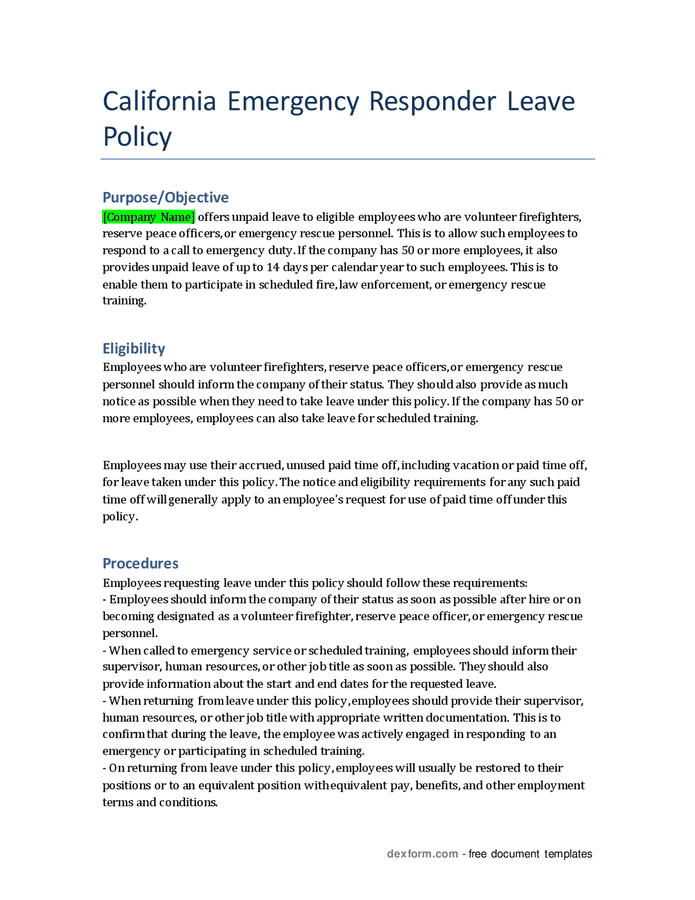 Emergency Responder Leave Policy California In Word And Pdf Formats emergency-responder-leave-policy-california-in-word-and-pdf-formats