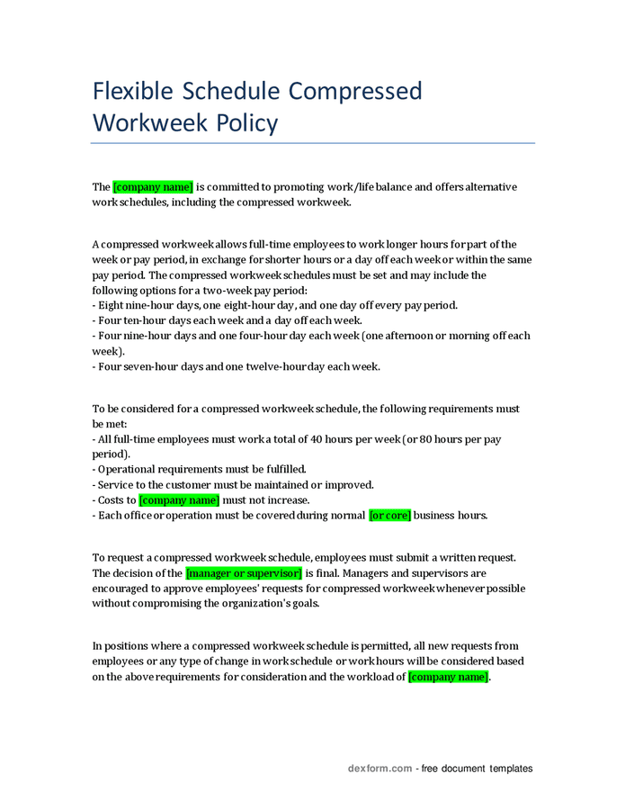 Flexible schedule compressed workweek policy in Word and Pdf formats