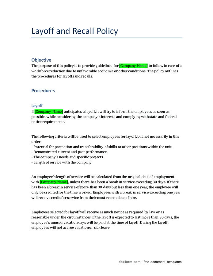 Layoff and recall policy in Word and Pdf formats