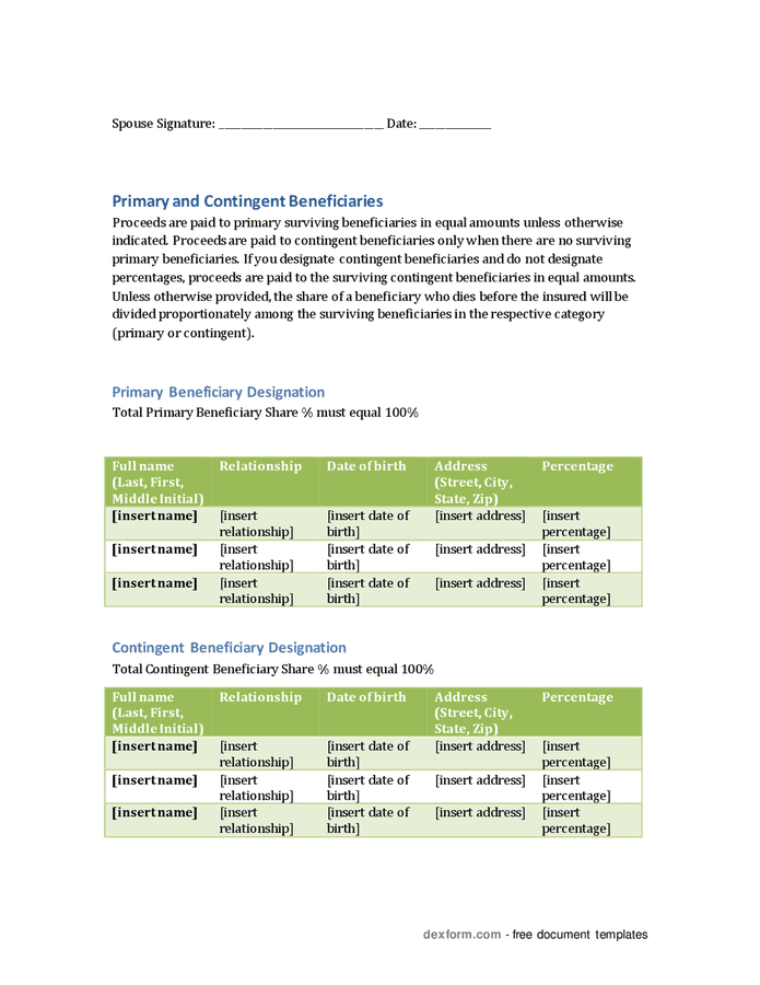 Beneficiary designation form in Word and Pdf formats - page 2 of 3