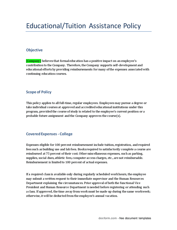Educational / tuition assistance policy in Word and Pdf formats