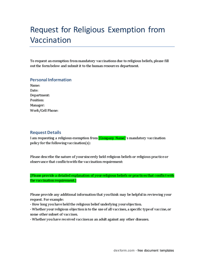 Request for religious exemption from vaccination in Word and Pdf formats